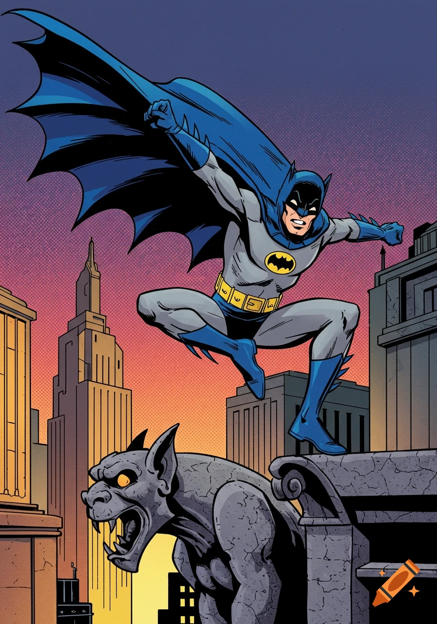 Comic book illustration of Batman leaping over a gargoyle on a city ...