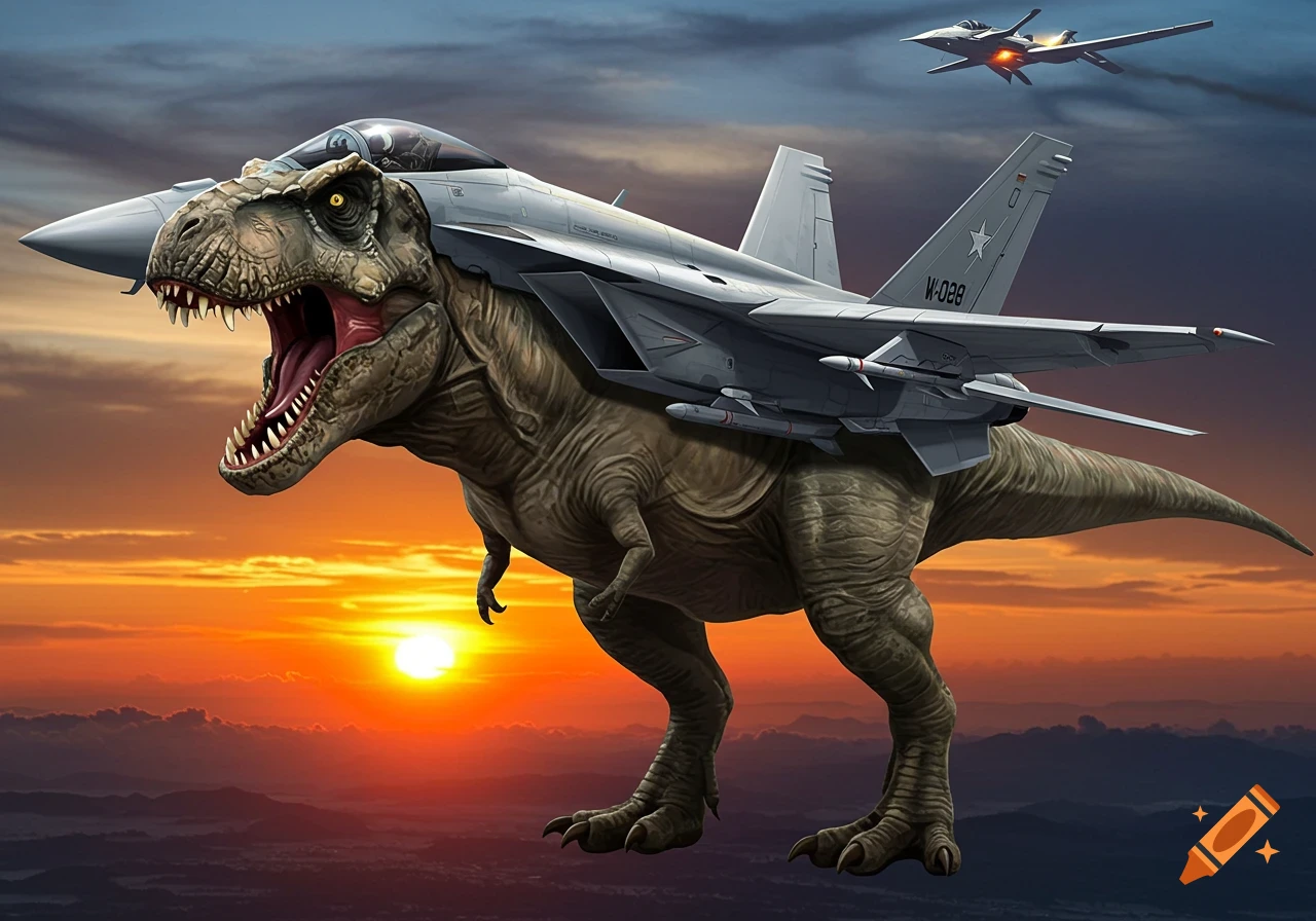 A T-Rex with a fighter jet body flies over mountains at sunset, with ...