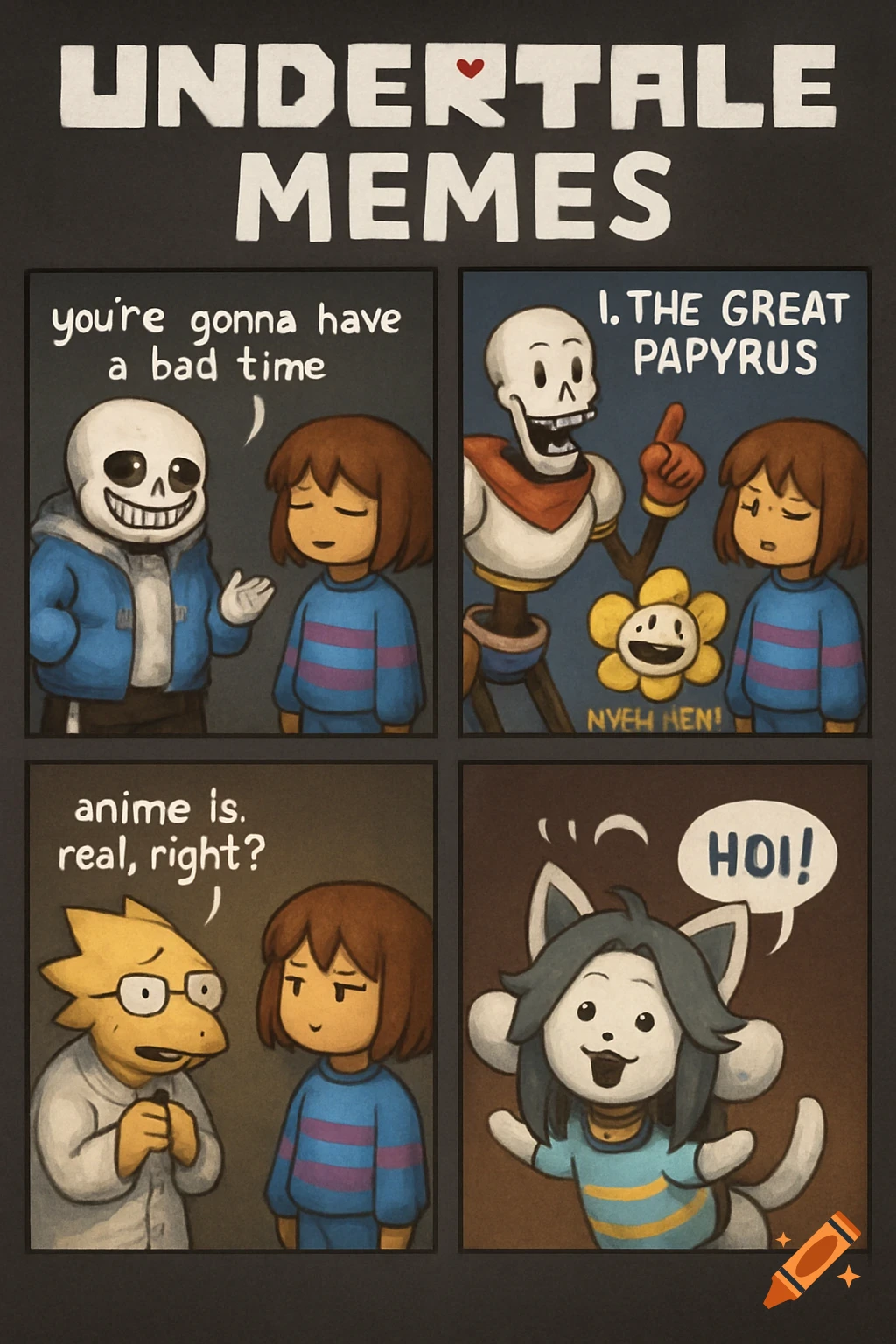 Four-panel Undertale comic featuring characters Sans, Frisk, Papyrus ...
