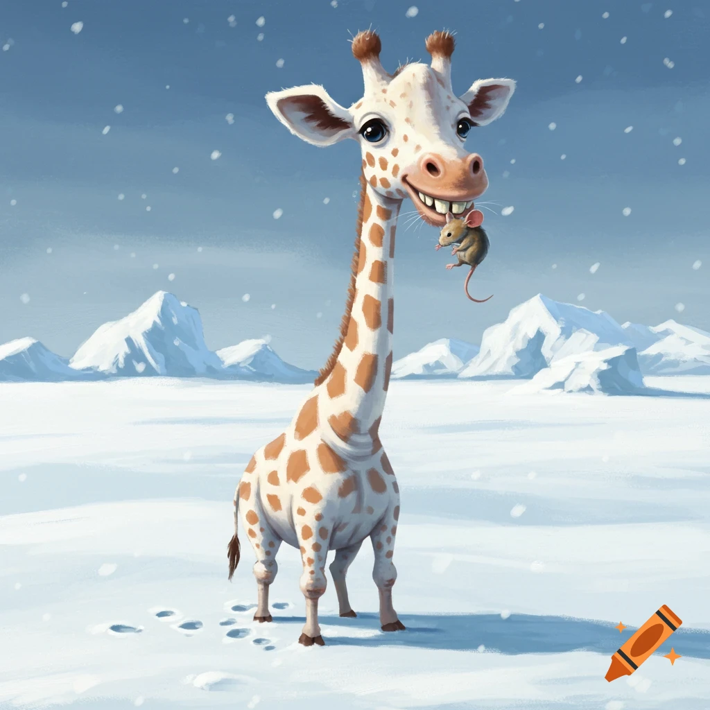 Cartoon giraffe with a mouse in its mouth stands in a snowy arctic ...