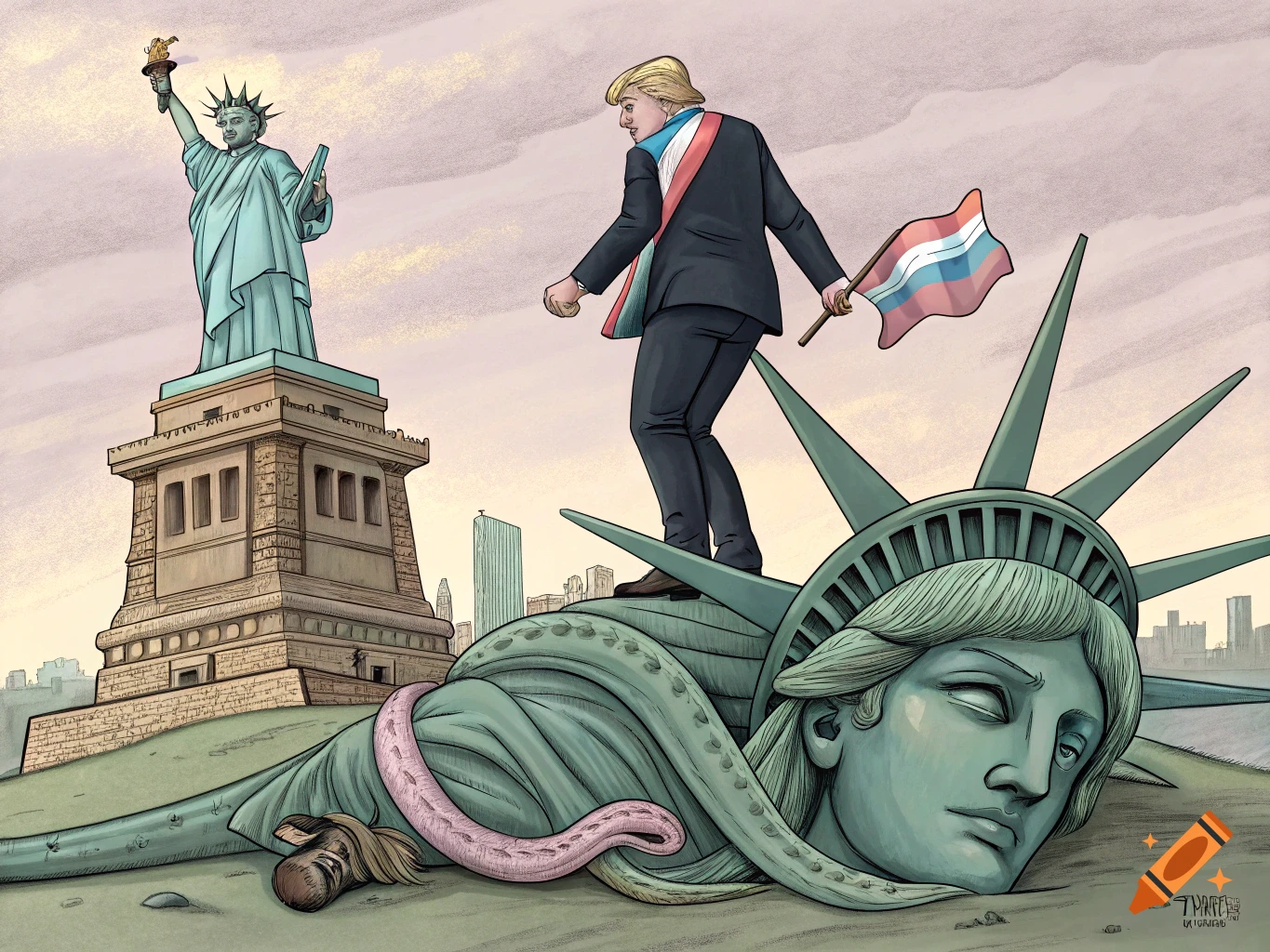 Political cartoon of a likeness of Trump standing on a defeated Statue ...