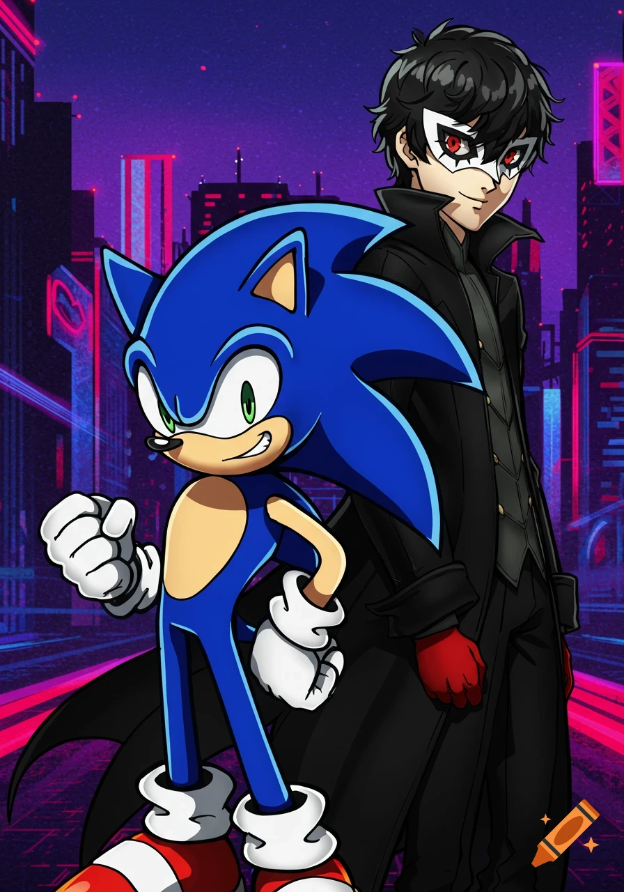 Sonic the Hedgehog and Joker from Persona 5 stand in front of a neon ...