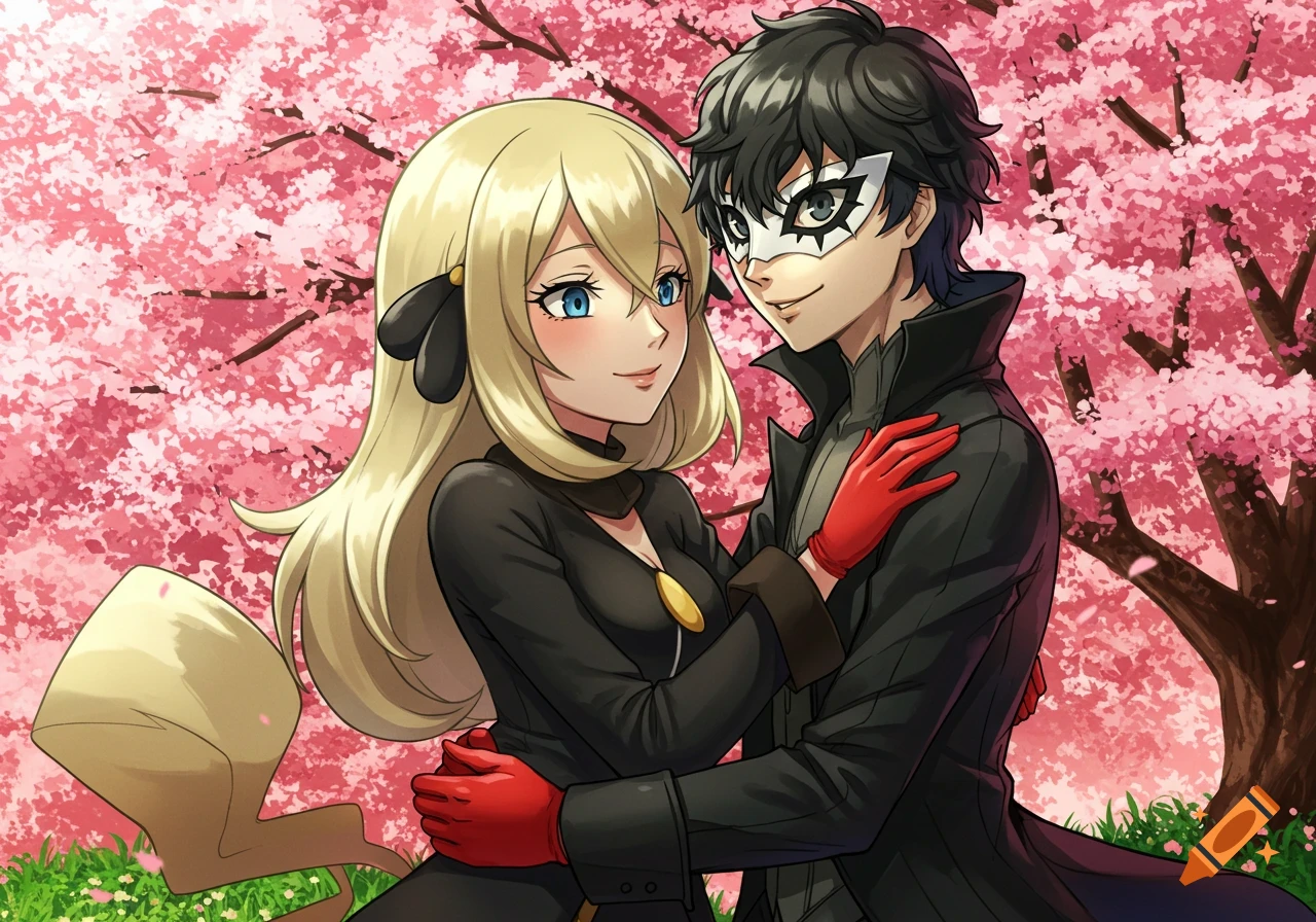 Joker and Cynthia from Pokemon embrace under a cherry blossom tree. on ...