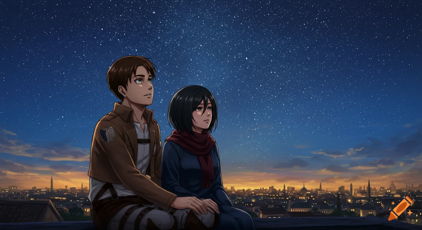 Anime characters Eren and Mikasa sit on a rooftop under a starry night ...