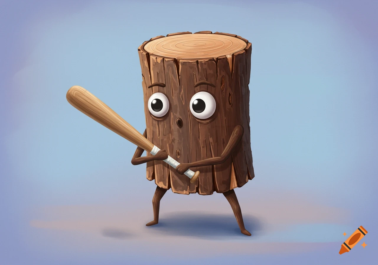 A cartoon log character with eyes, arms, and legs holds a baseball bat ...