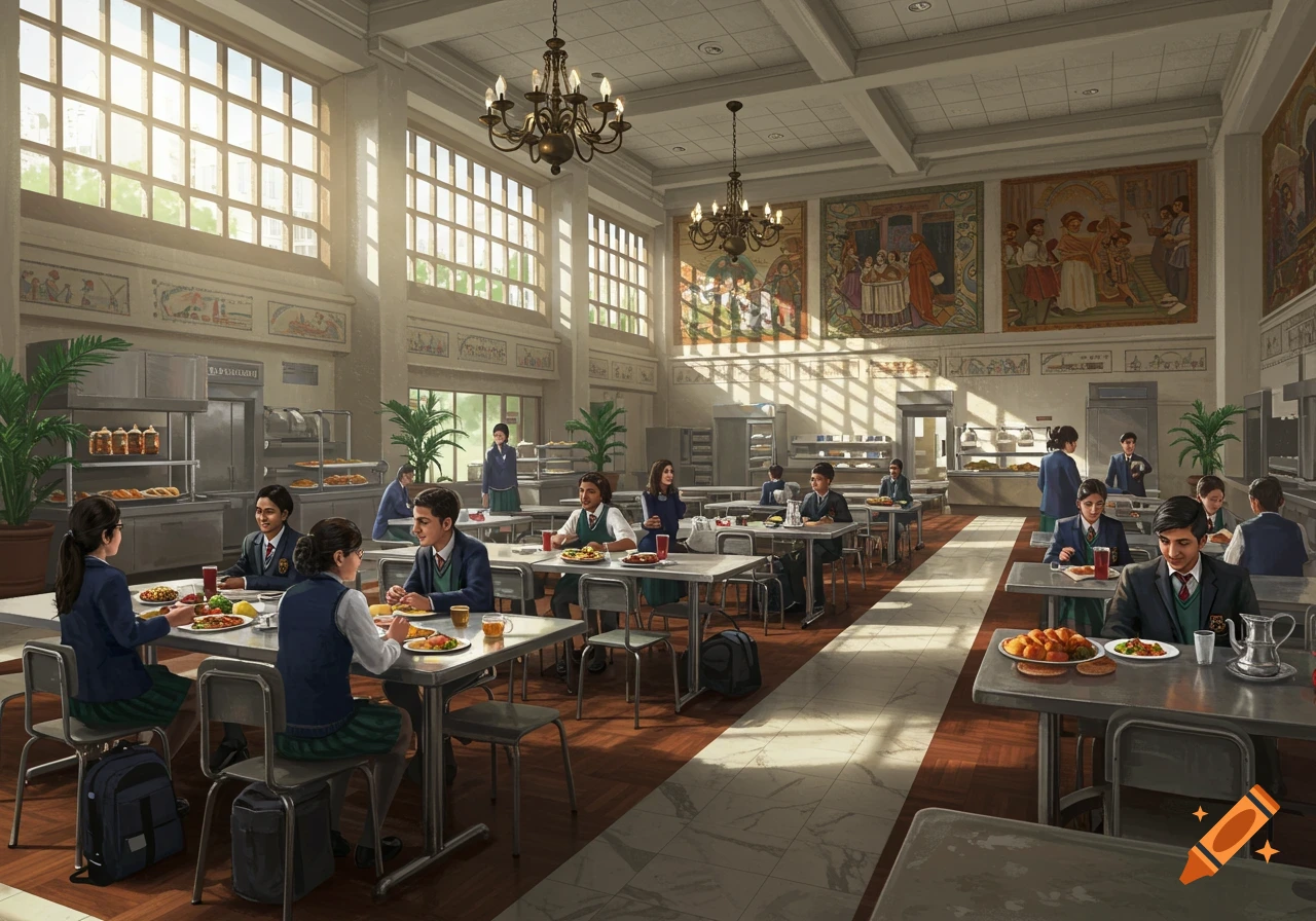 An illustration of a busy school cafeteria with students eating at ...