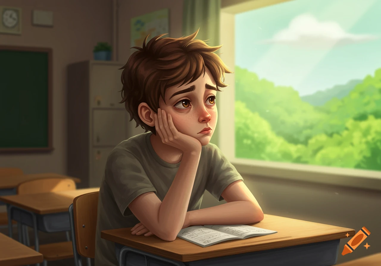 A brown-haired boy looks bored, staring out a classroom window. on Craiyon