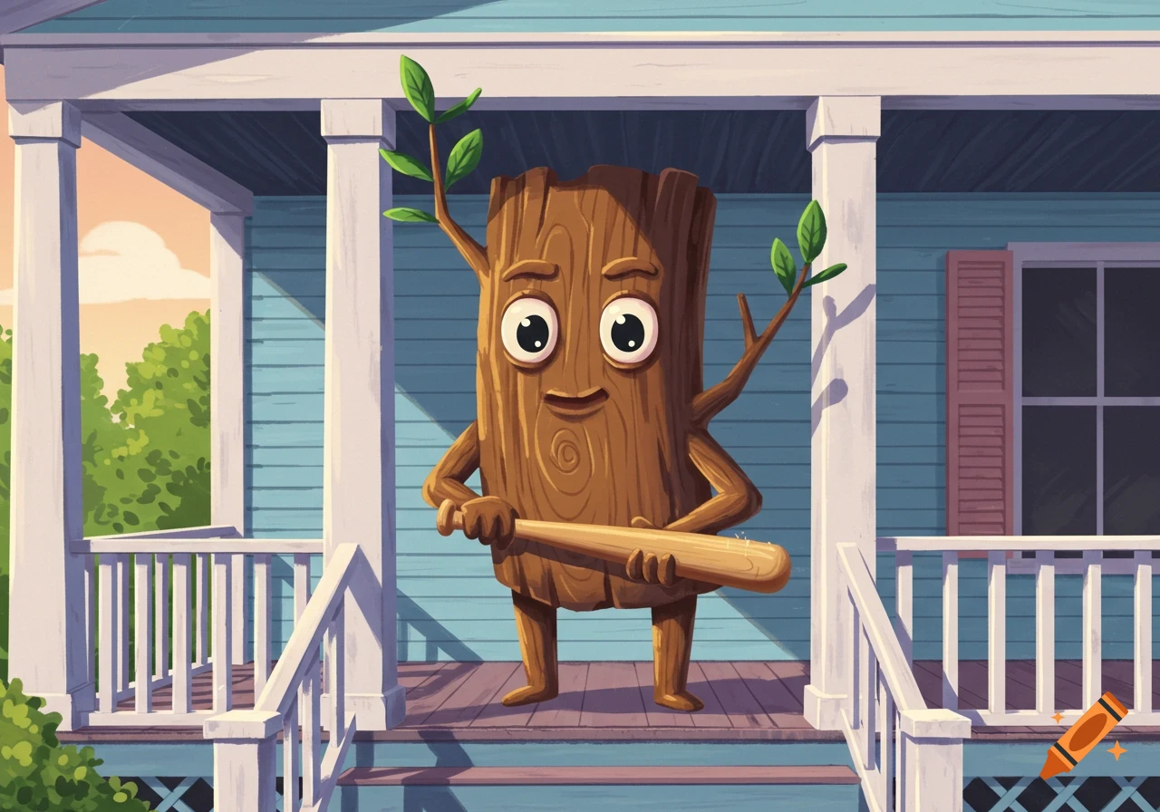 A cartoon tree creature with a face and leaves holds a baseball bat ...