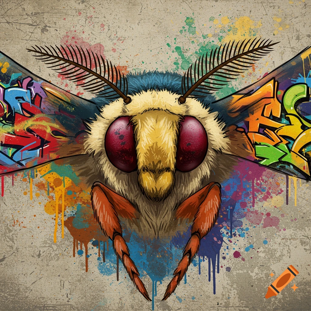 Close-up of a moth head in colorful graffiti style with paint splatters ...