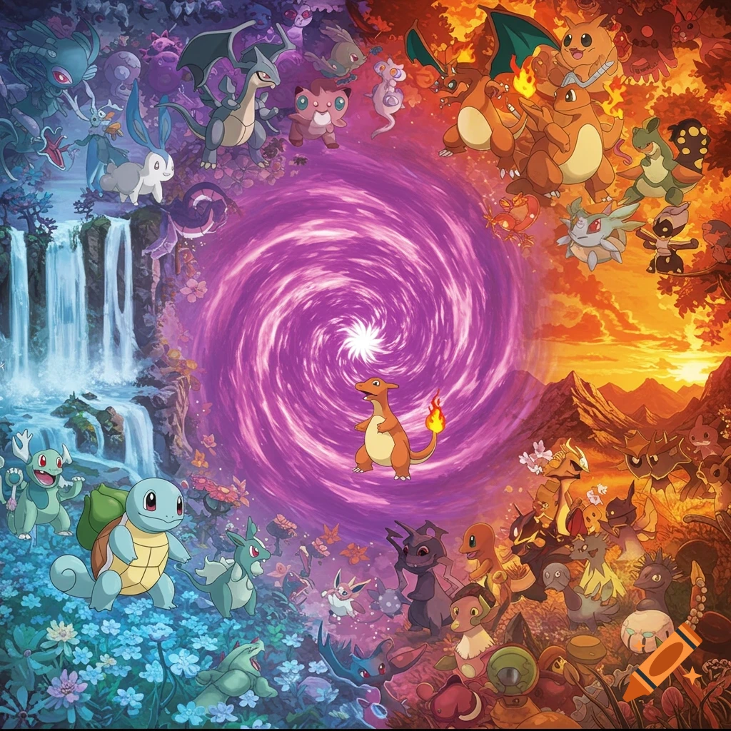 Numerous cartoon Pokemon characters surrounding a purple swirling ...