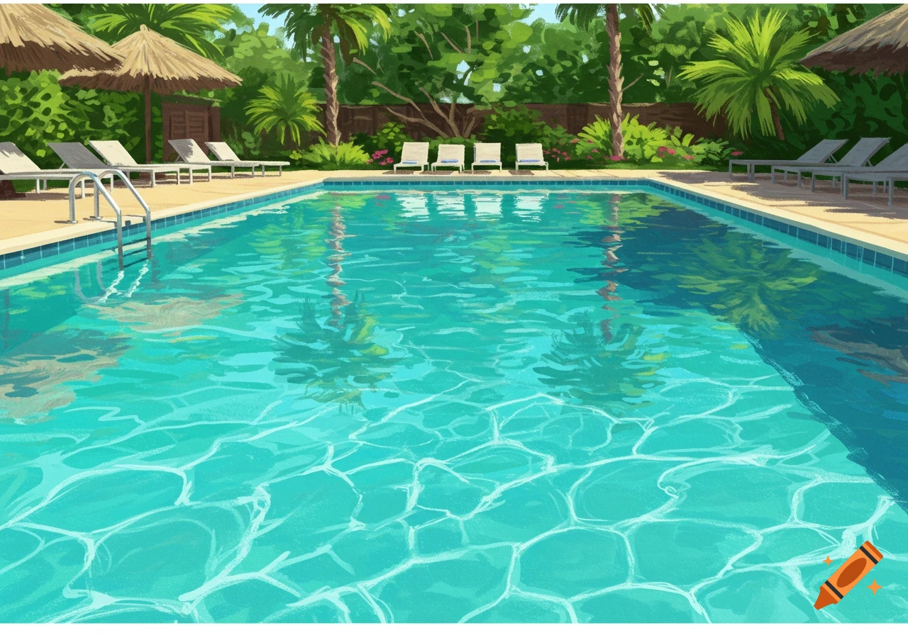 Illustration of a resort swimming pool surrounded by palm trees and lounge chairs. on Craiyon