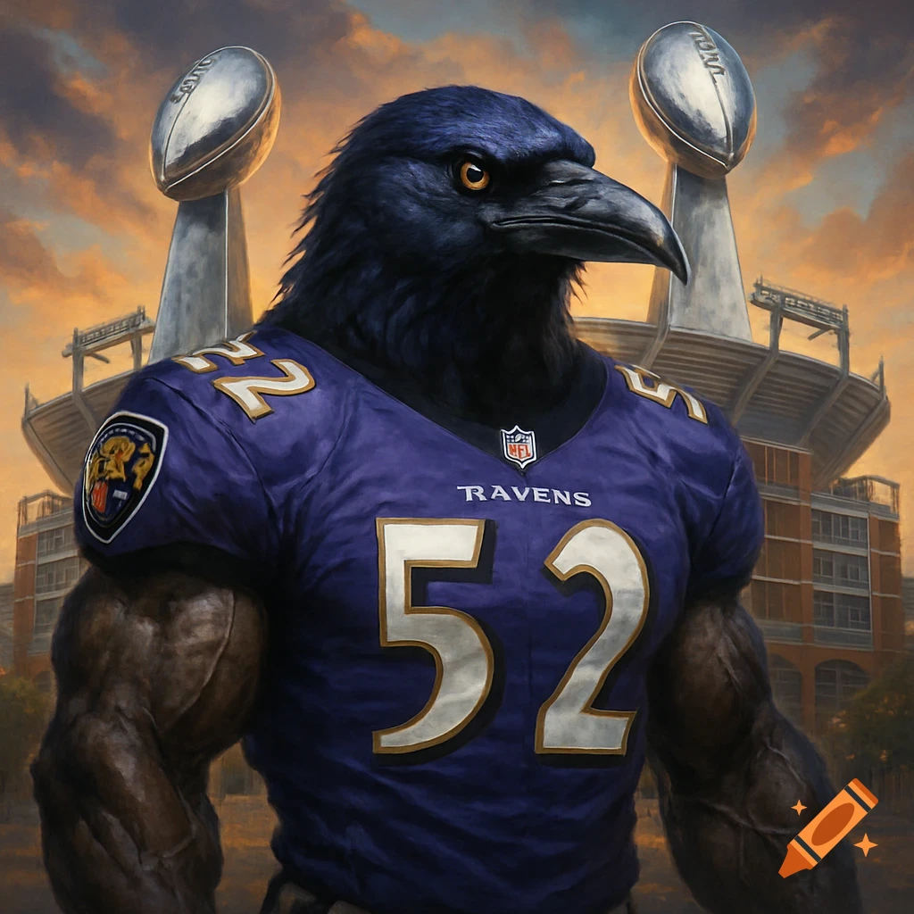 Muscular raven in a Ravens football jersey with stadium and Super Bowl ...