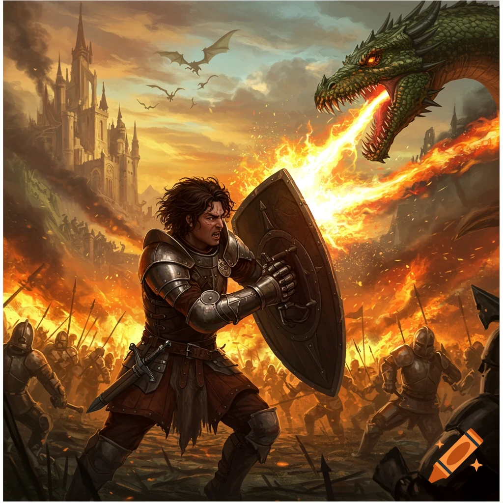 A warrior in armor shields against a dragon's fire during a fantasy battle scene with soldiers ...