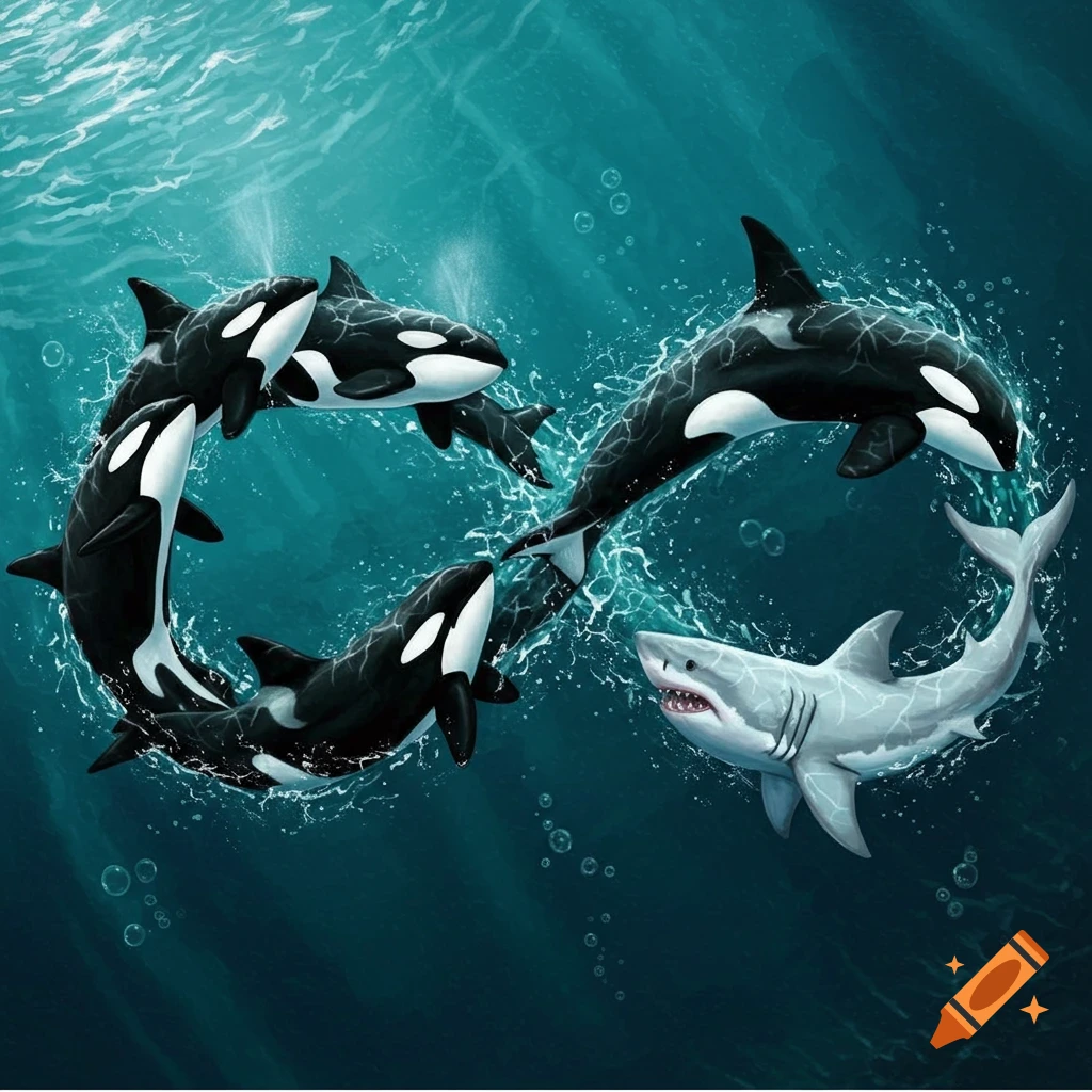 Digital illustration of orcas forming an infinity symbol half, facing a ...