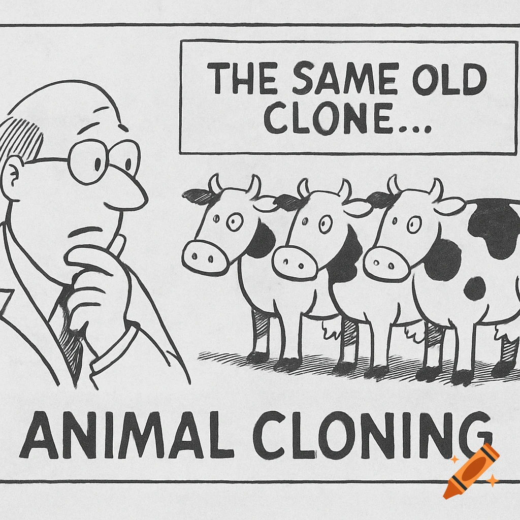 Cartoon scientist looking at three cows with text about cloning. on Craiyon