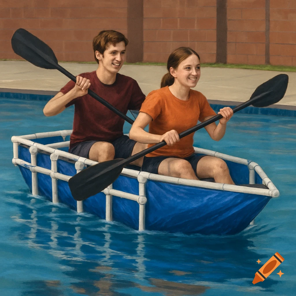 Two people paddle a homemade PVC pipe boat in a swimming pool. on Craiyon