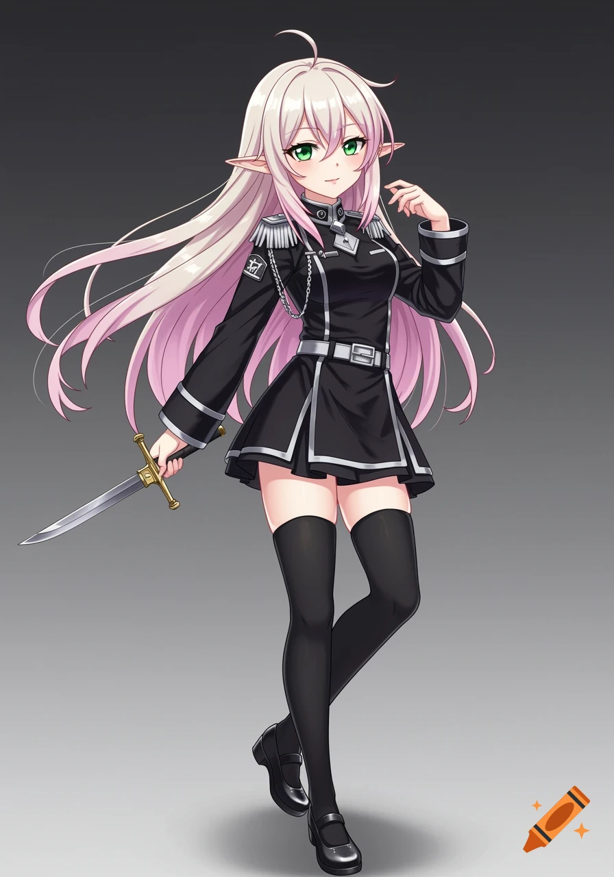 Anime half-elf girl with pale-blonde and pink hair, green eyes, wearing ...