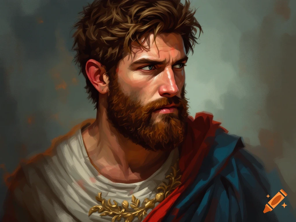 Painterly portrait of a bearded man in ancient Roman attire looking ...