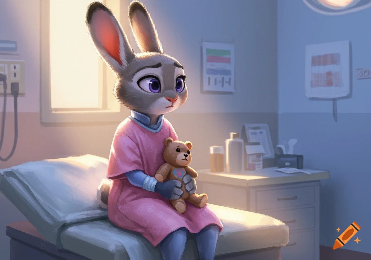 Judy Hopps in a pink hospital gown holding a teddy bear, sitting on a ...