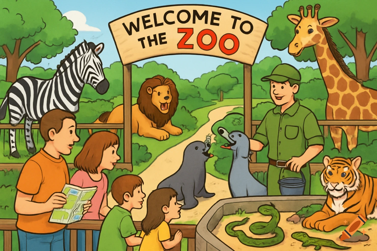 Cartoon illustration of a family visiting a zoo with a Welcome to the ...