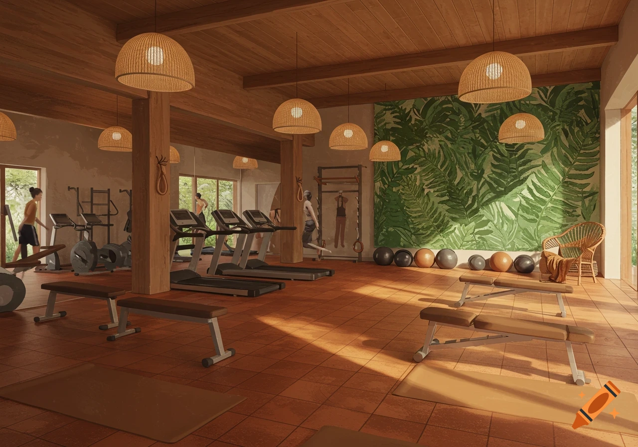 An interior view of a tropical-style fitness facility with treadmills ...