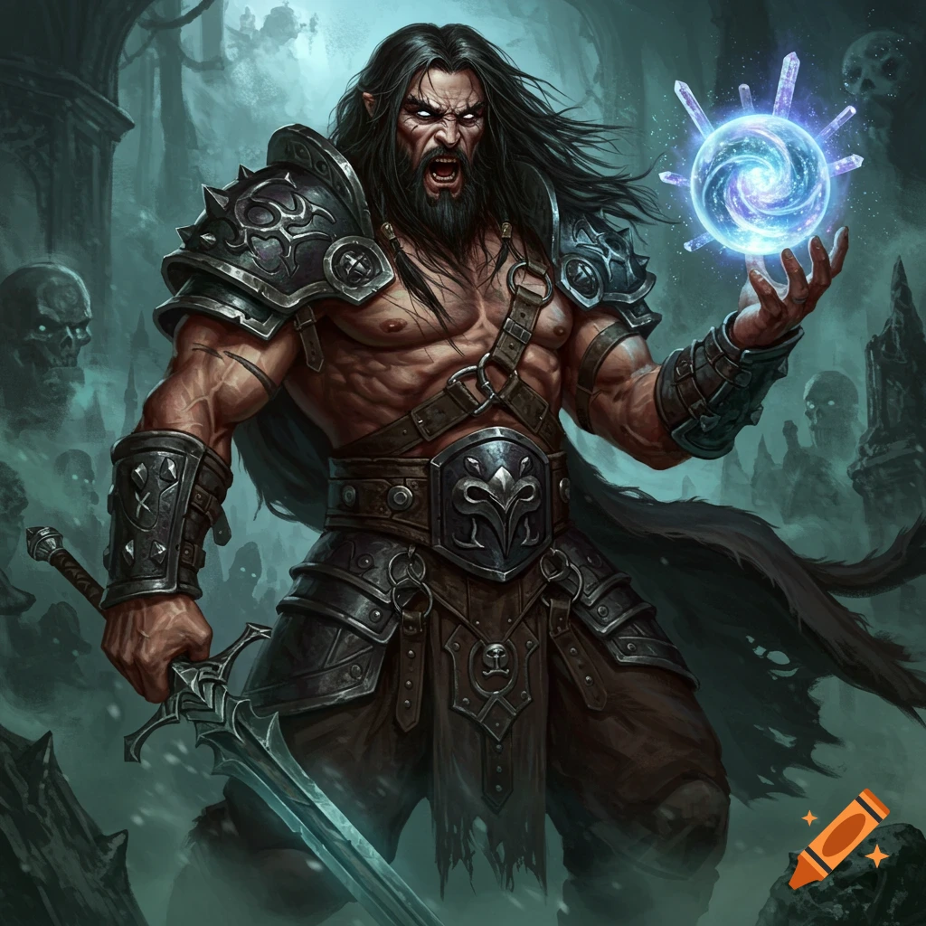 Fantasy warrior-wizard with glowing crystal ball and sword in a dark ...