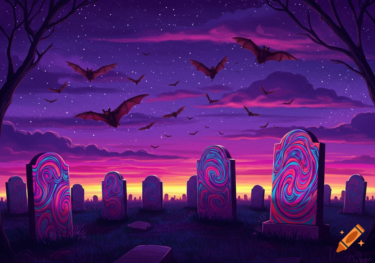 A psychedelic cemetery at night with colorful gravestones and bats ...