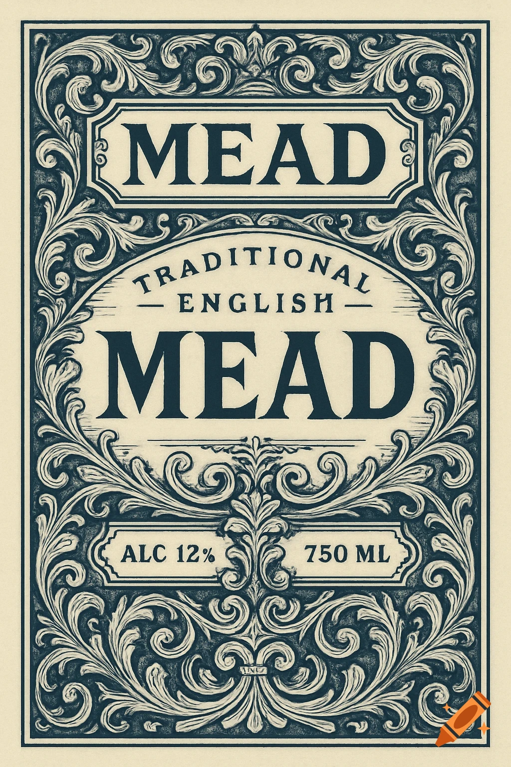 Vintage illustration of a mead label with ornate scrollwork and text ...