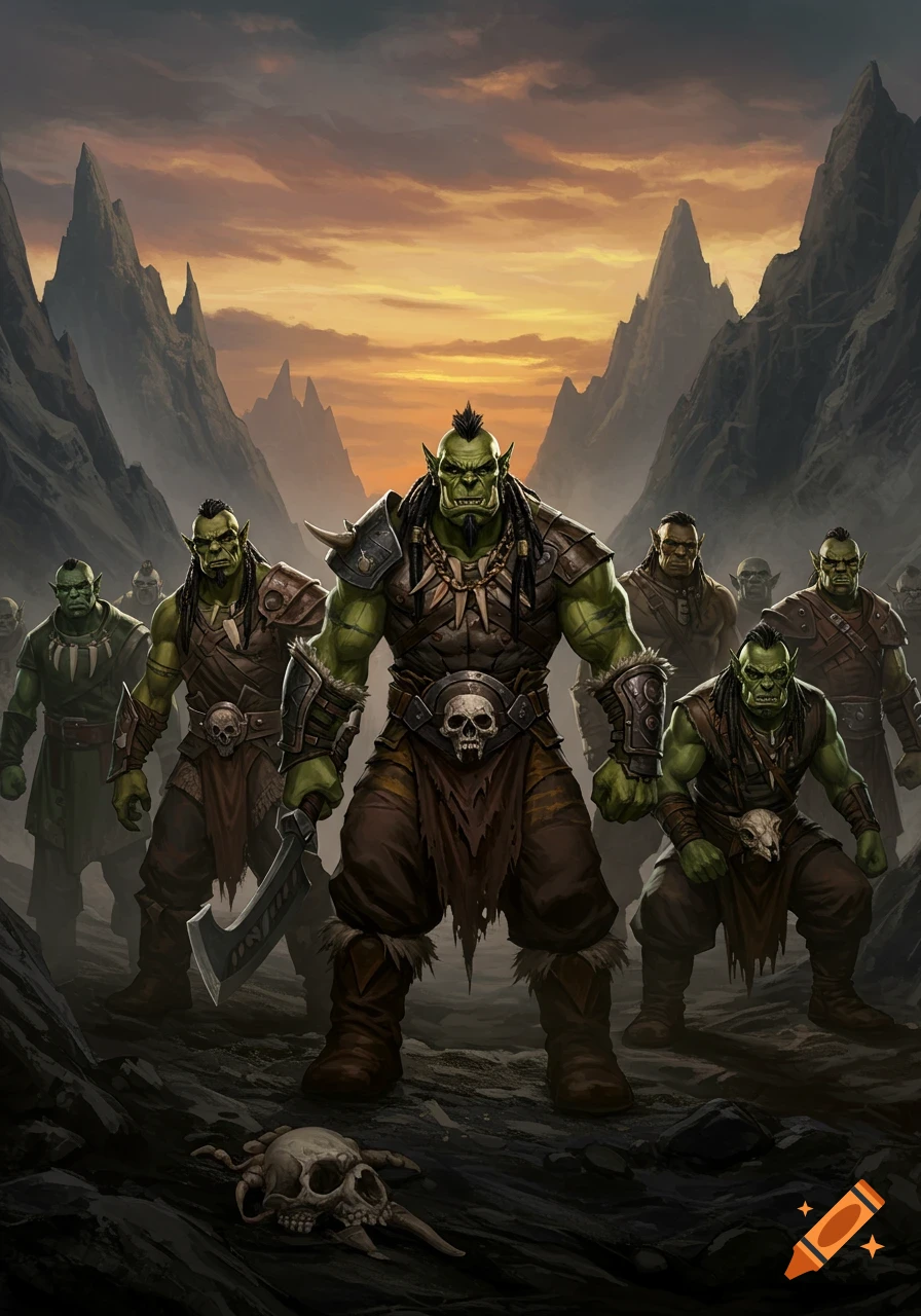 Group of orcs standing in a mountainous landscape at sunset, in a ...