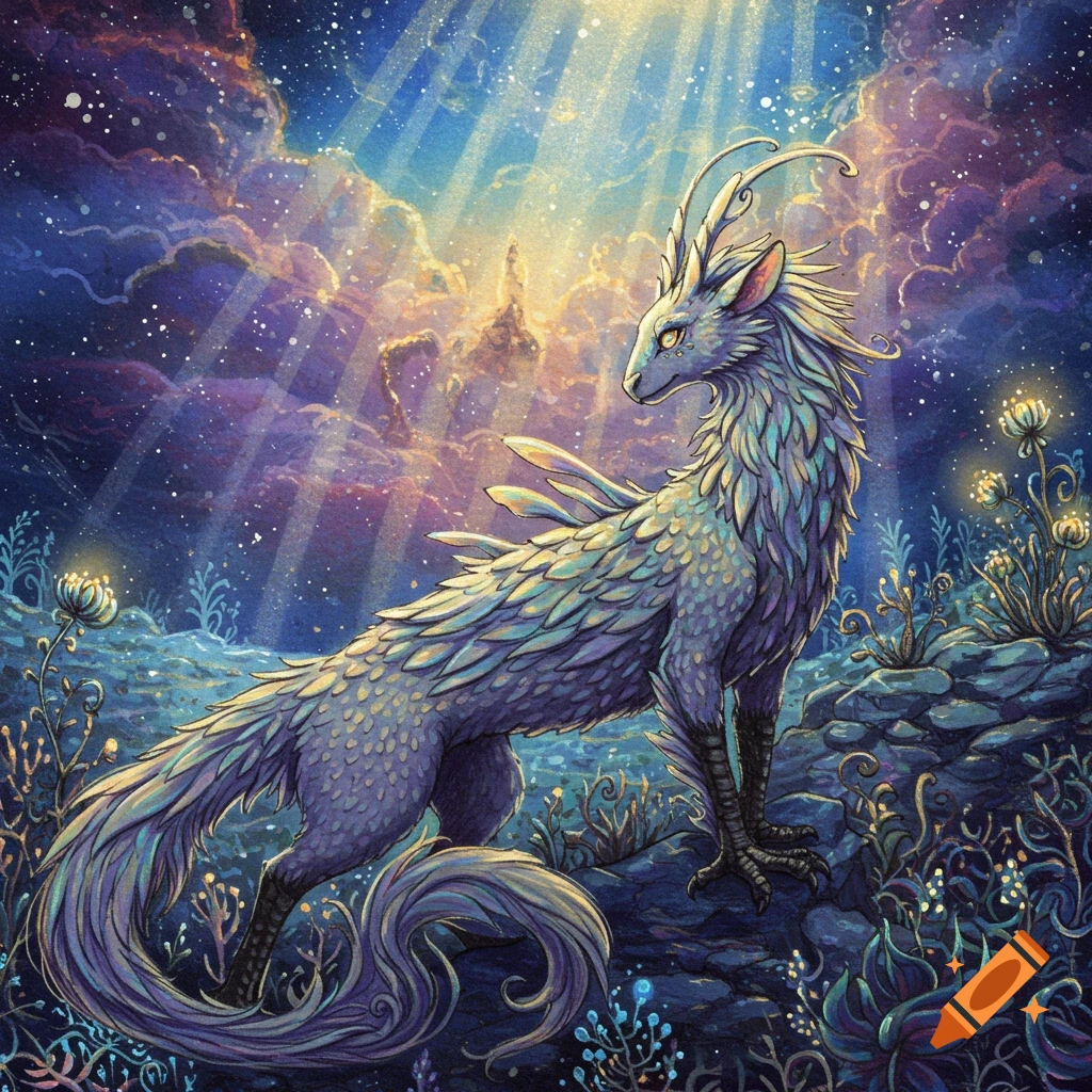 A mystical feathered creature stands on rocks in a glowing fantasy ...