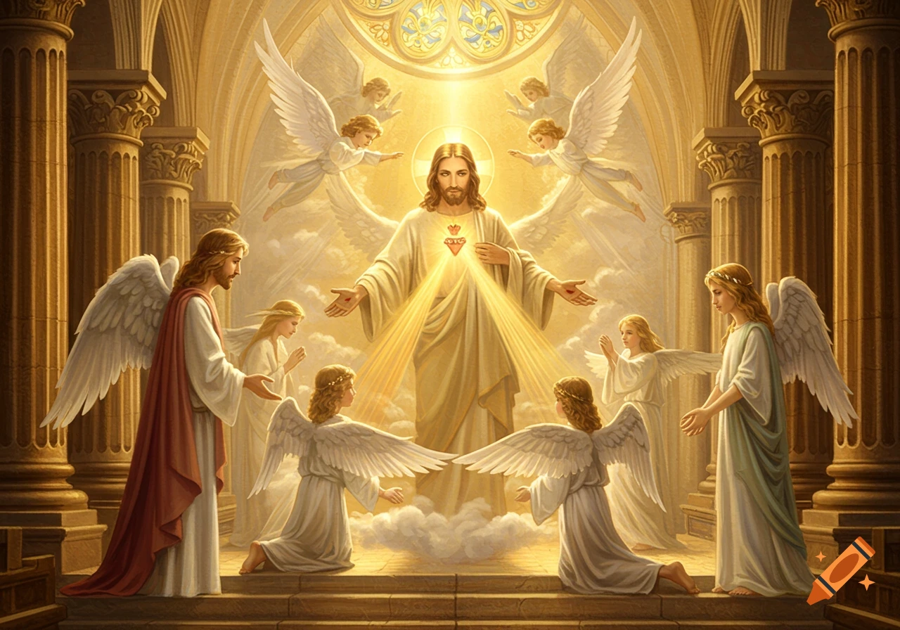Jesus stands radiating light surrounded by angels in a golden ...