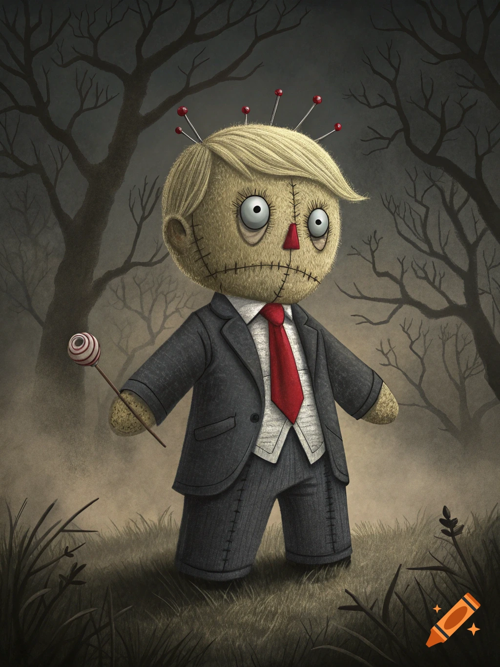 A stylized voodoo doll figure resembling Donald Trump stands in a dark ...