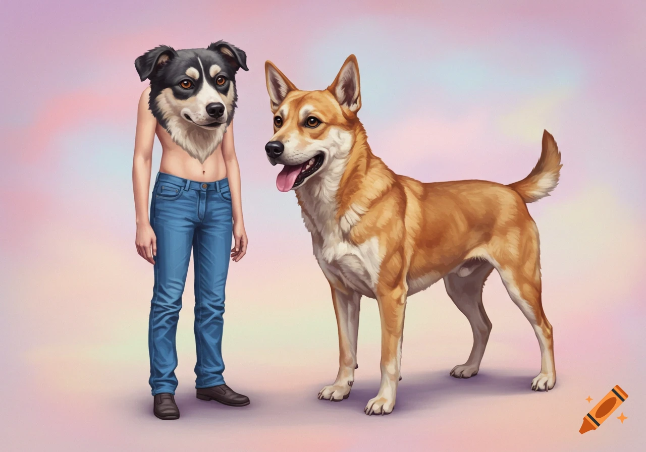 Illustration of a human body with a dog head standing next to a full ...