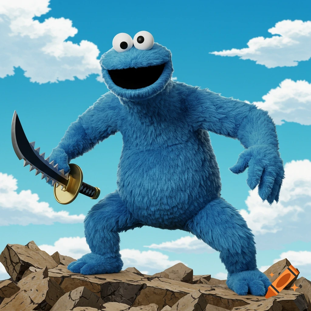 Cookie Monster holding a jagged sword and standing dramatically on ...
