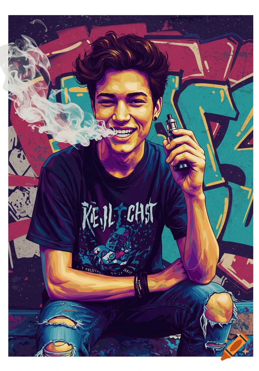 Stylized illustration of a young man vaping in front of a graffiti wall ...
