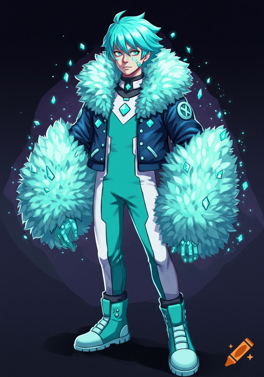 Anime style drawing of a male character with cyan hair, blue jacket ...