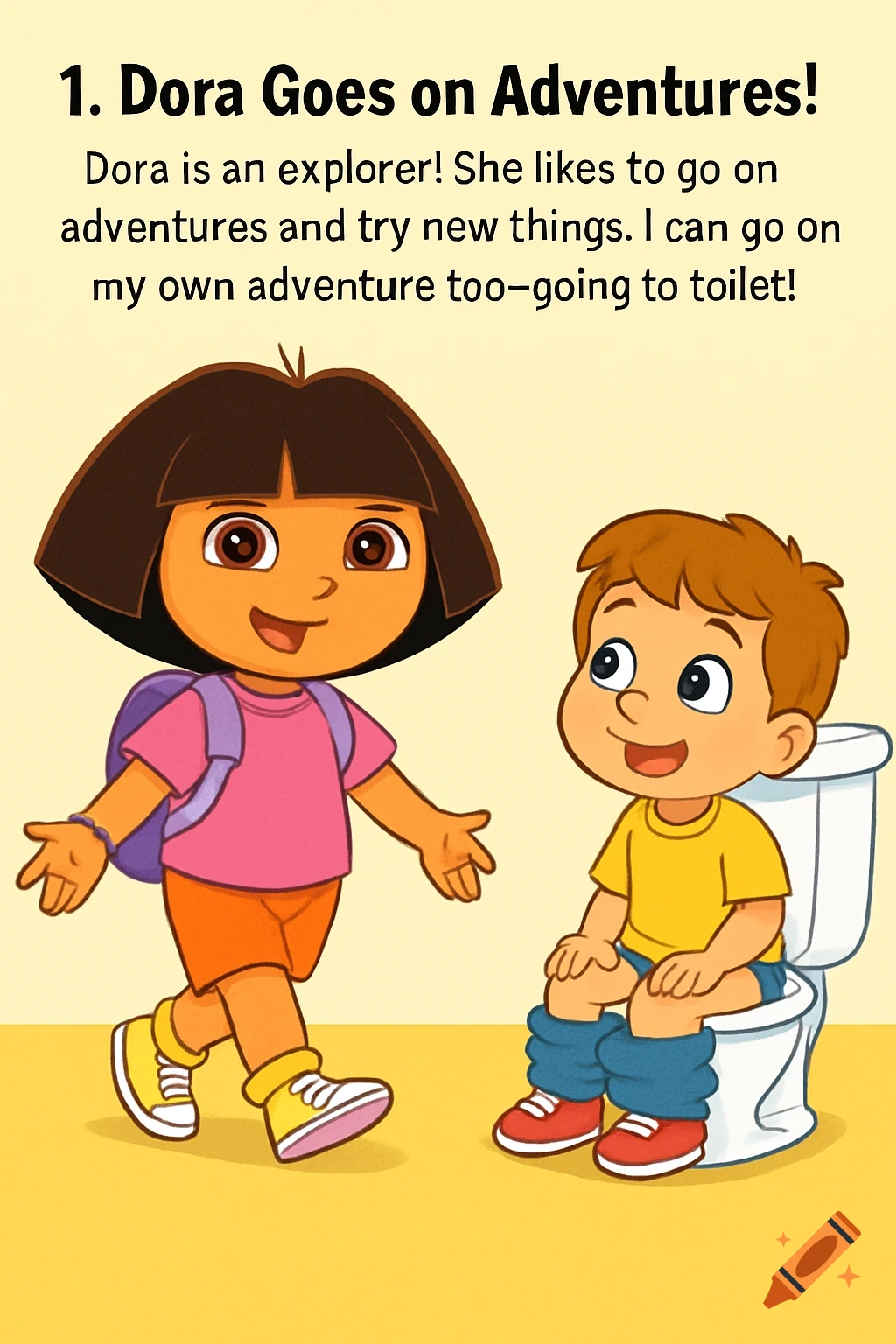 Cartoon of Dora the Explorer next to a boy sitting on a toilet. Text ...