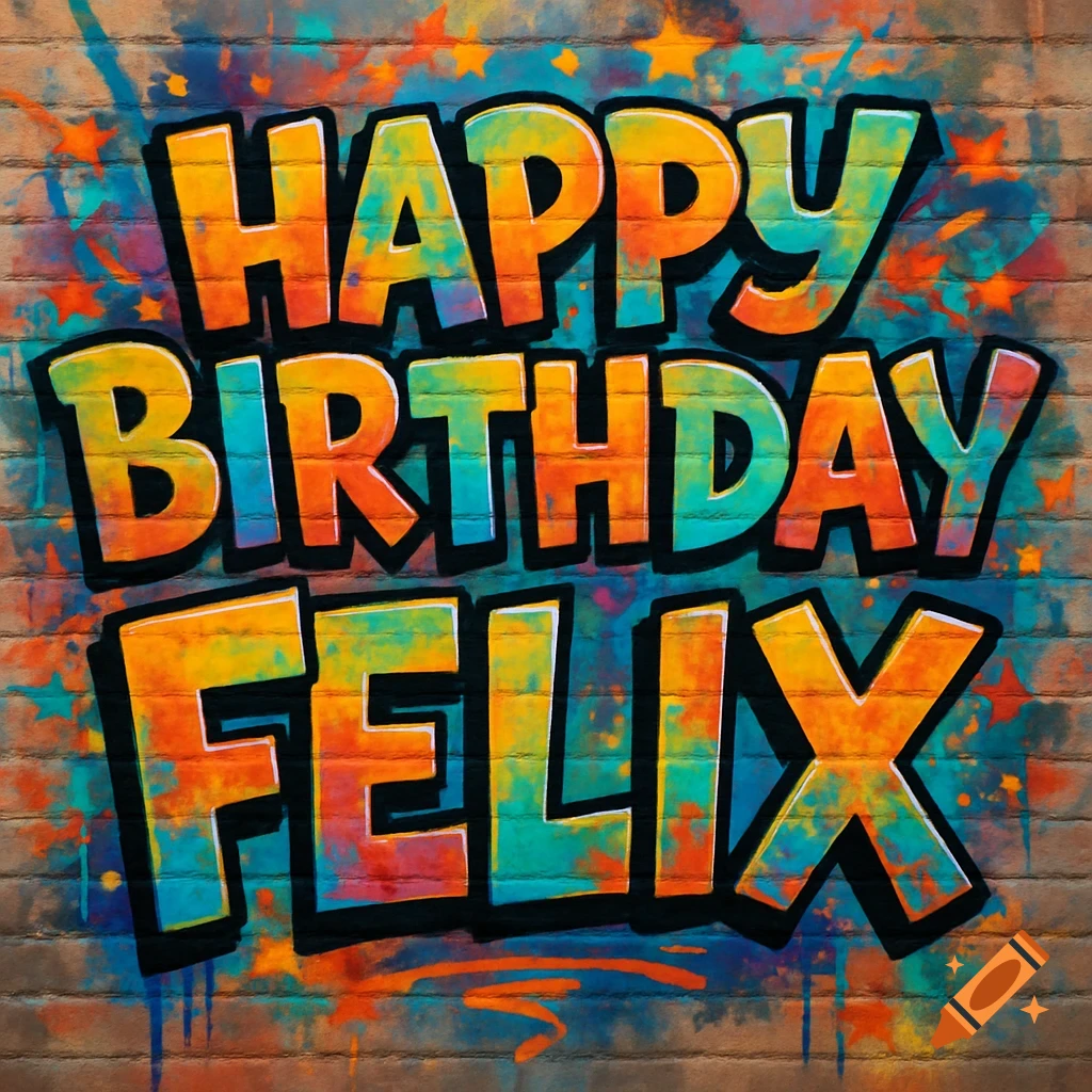 Colorful graffiti says Happy Birthday Felix on a brick wall. on Craiyon