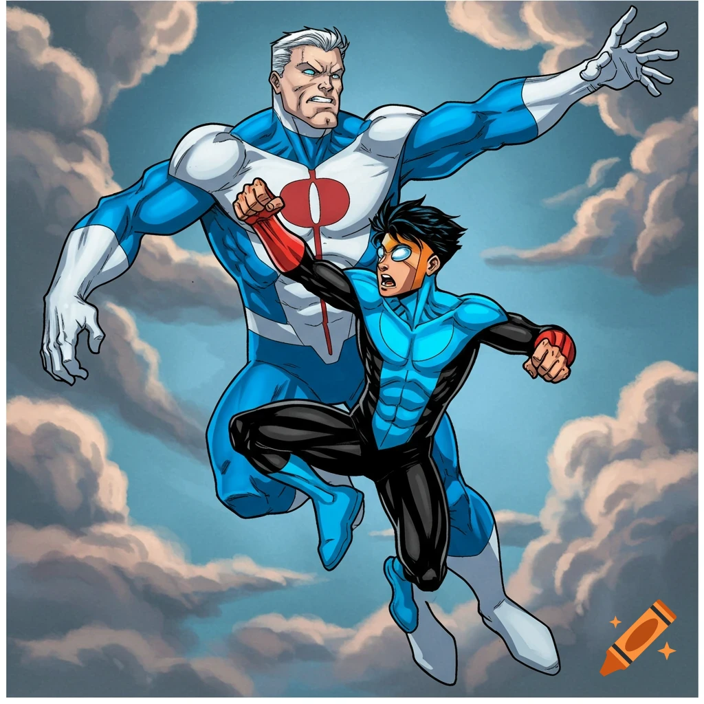 Two superheroes in blue and white and blue and black costumes fly ...