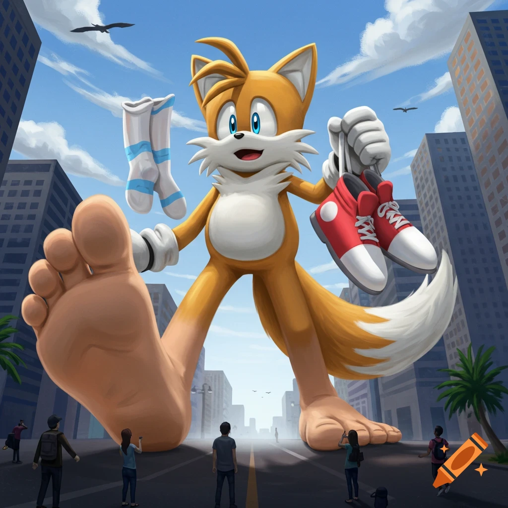 Giant Tails the Fox holding socks and shoes in a city, towering over ...