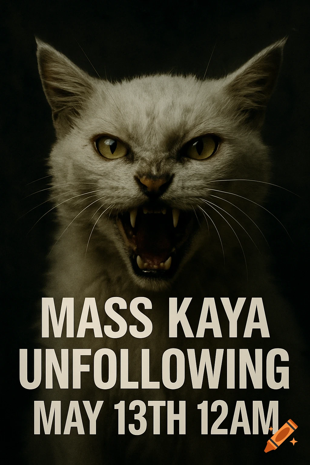 A close-up photo of a scary grey cat snarling with teeth visible. Text ...