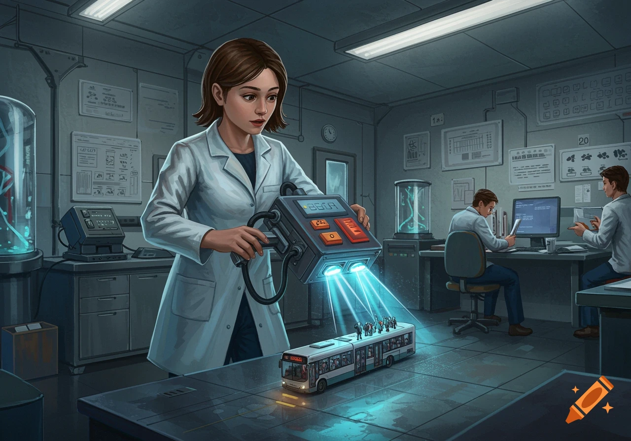 A scientist in a lab uses a shrinking ray on a bus with tiny people. on ...