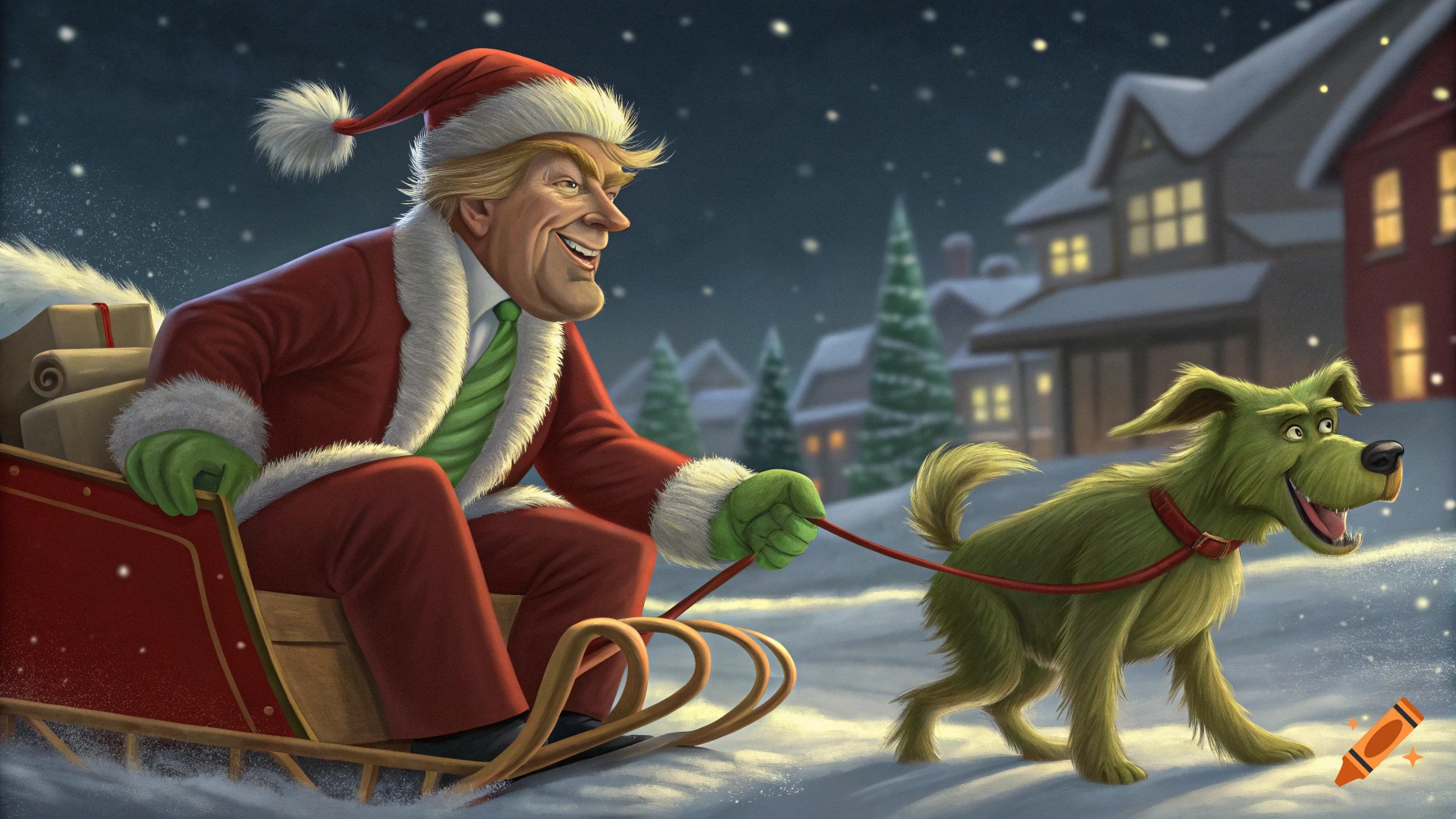 Cartoon of Donald Trump as Santa pulled by a green dog on a sleigh in ...