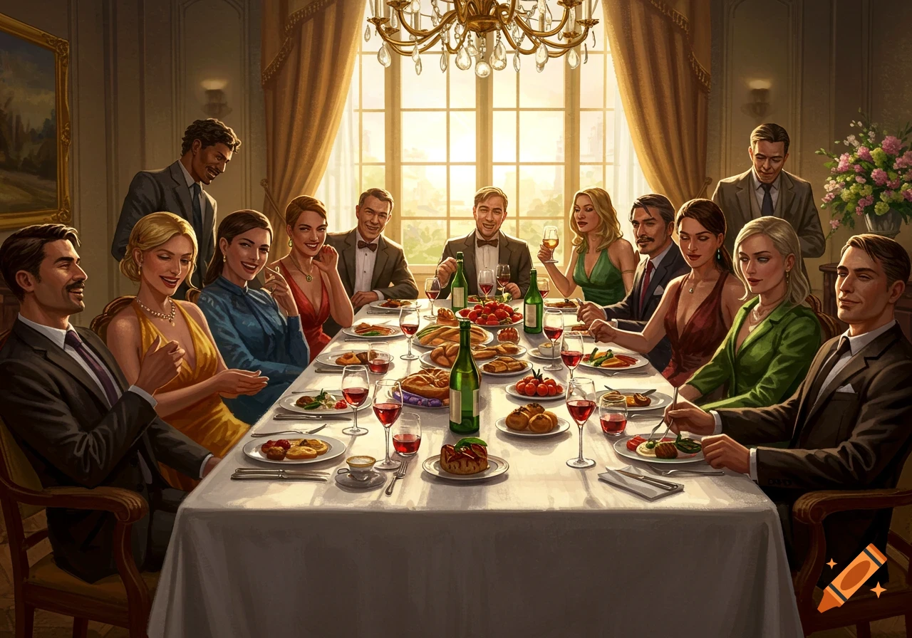 Illustration of people having a formal dinner at a long table in a ...
