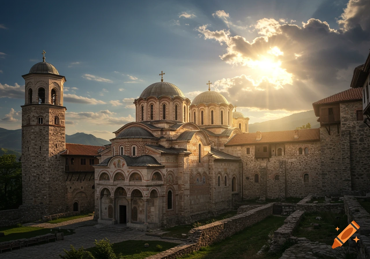 Stone monastery with domes and tower under sunlight shining through ...