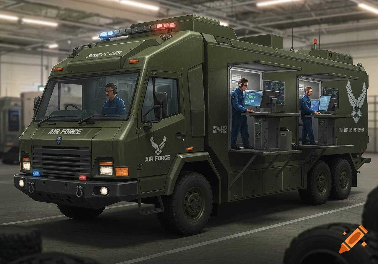 A green military mobile command center truck with people working on ...