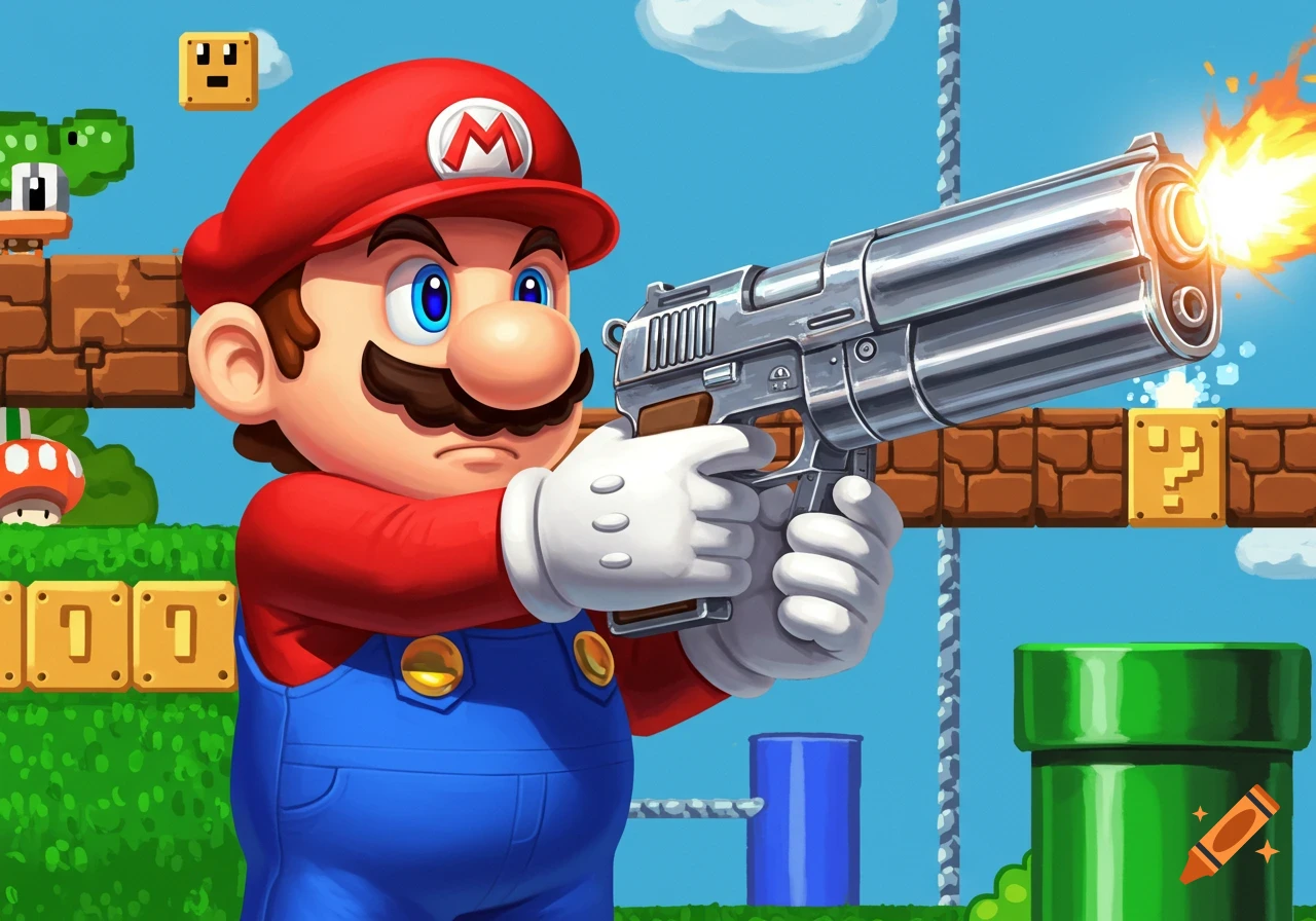 Mario holding a large gun and firing in a Super Mario Bros. level. on ...