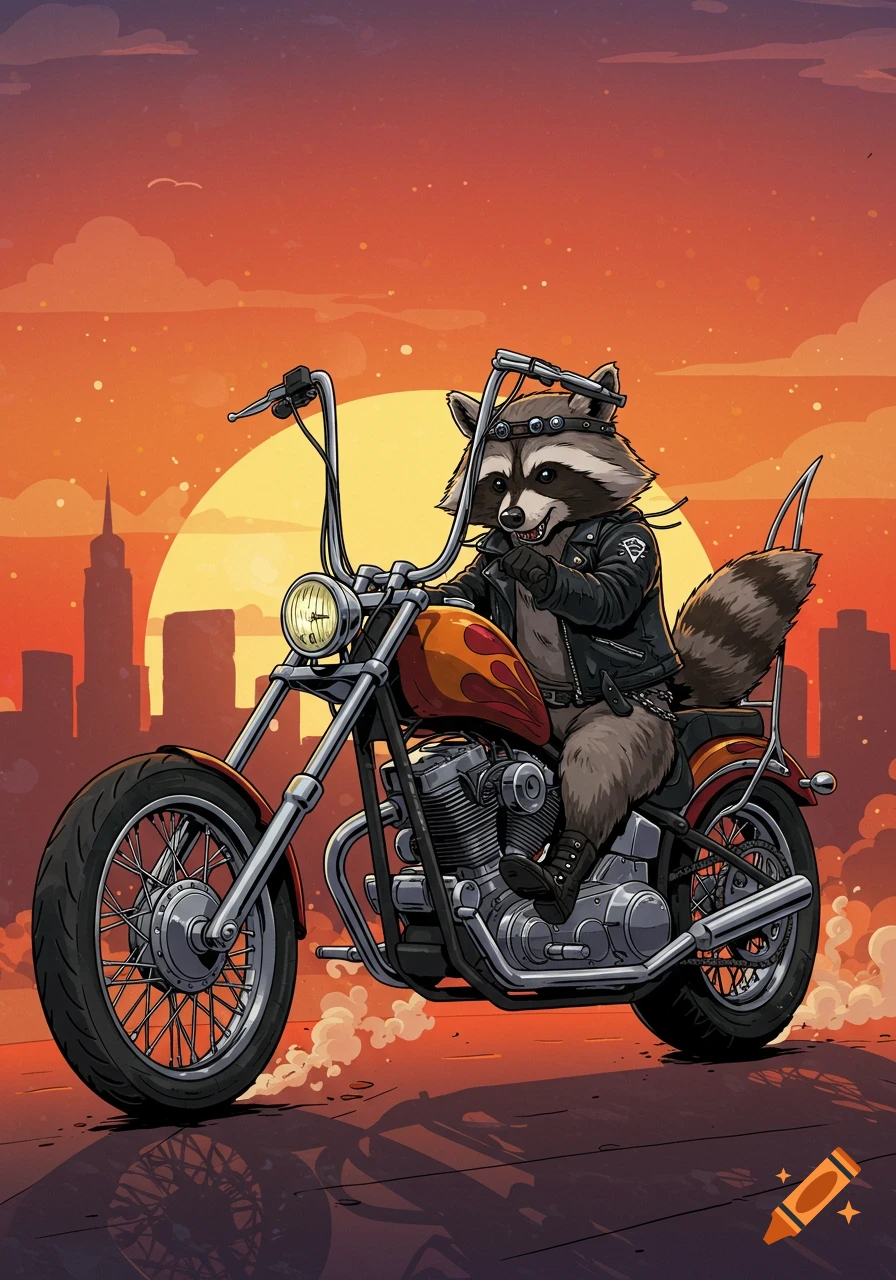 Cartoon raccoon in leather jacket riding a chopper motorcycle at sunset ...
