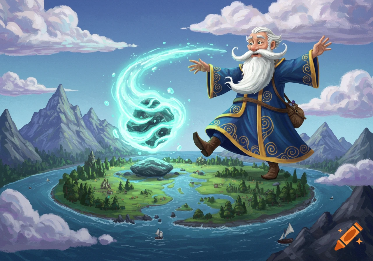 Cartoon illustration of a wizard skipping a glowing rock over a fantasy ...