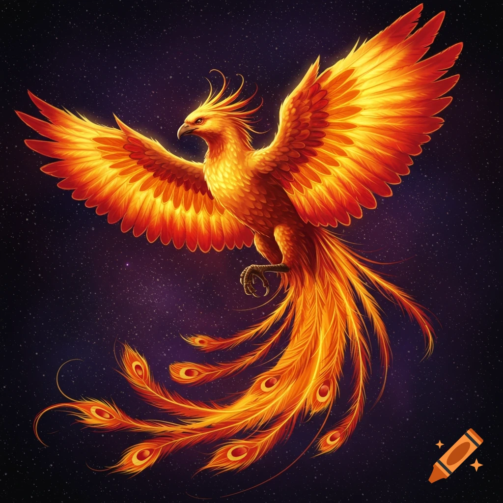 A vibrant, fiery phoenix flies through a starry night sky. on Craiyon